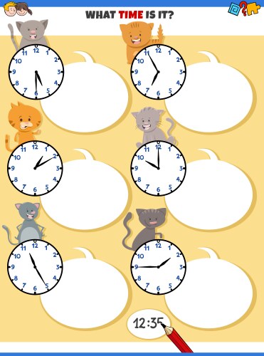 Clock face cartoon educational worksheet for kids Vector Image