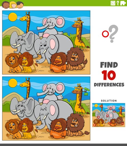 Spot the differences game with safari animals Vector Image