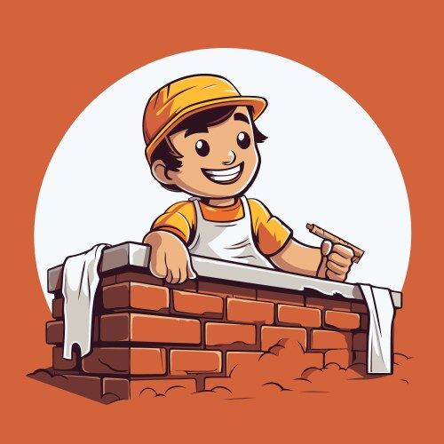 Cartoon worker building a brick wall Royalty Free Vector