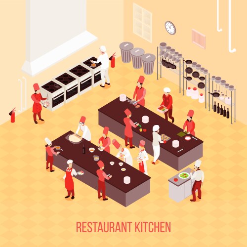 Isometric cafe interior open kitchen restaurant Vector Image