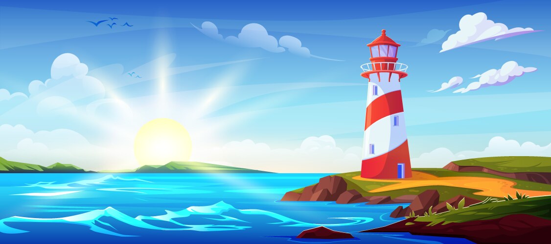 Cartoon sea landscape with lighthouse and boats Vector Image