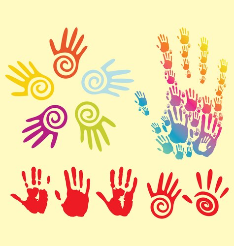 Teamwork hands print heart shape logo Royalty Free Vector