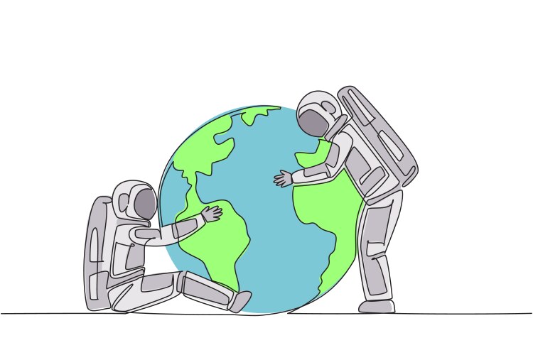 Single one line drawing two astronauts fighting Vector Image