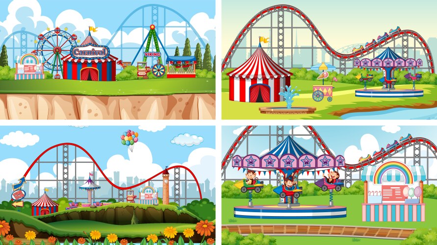 Four scenes with many rides in fun fair Royalty Free Vector