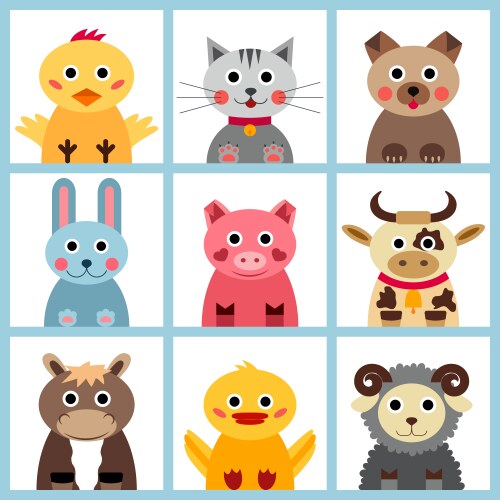 Flat childish rectangular cattle farm animals set Vector Image