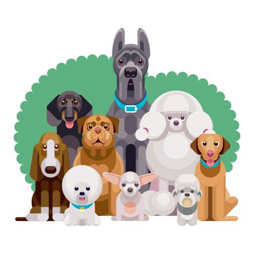 Six cartoon dogs smiling happy sitting various Vector Image