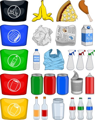 Recycle waste bins different trash types color Vector Image
