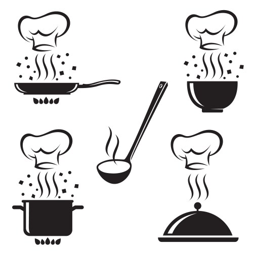 Cooking symbol emblem set saucepan cook and food Vector Image