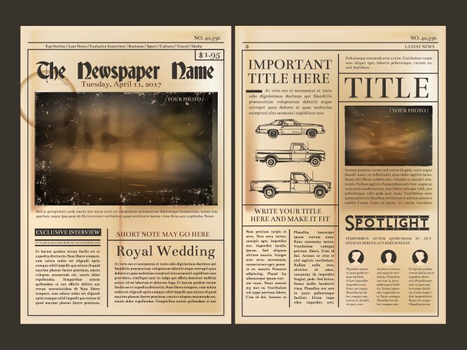 Old vintage two pages newspaper layout template Vector Image