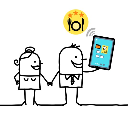 Cartoon character with tablet - meeting Royalty Free Vector