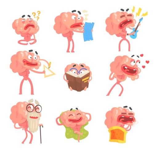 Brain character emoji emoticons set funny cartoon Vector Image