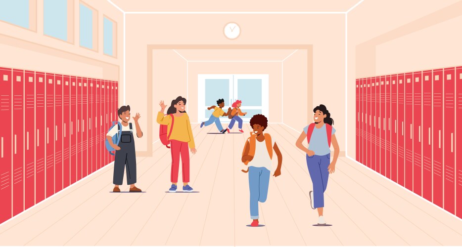 School hallway interior with entrance doors Vector Image