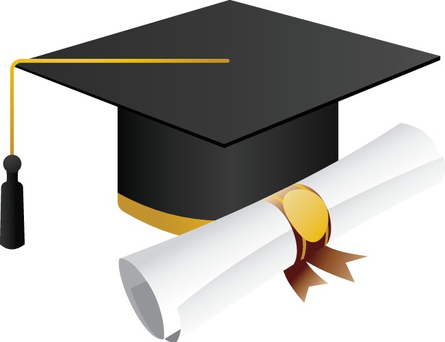 A graduation cap and diploma are displayed Vector Image