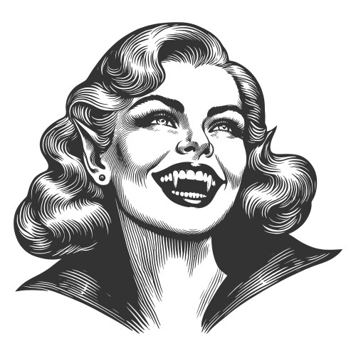 Smiling female vampire engraving sketch Royalty Free Vector