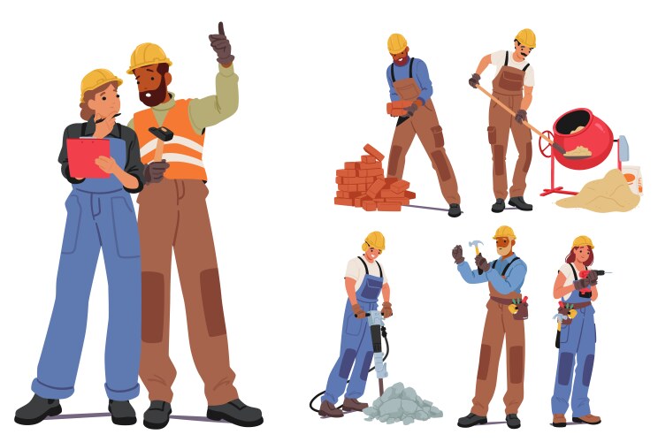 Collection of construction workers engaged Vector Image