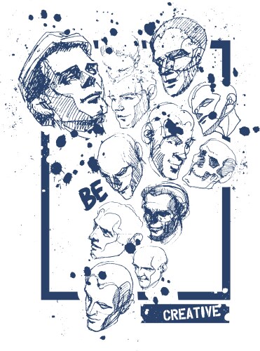 Different faces hand drawing isolated objects Vector Image