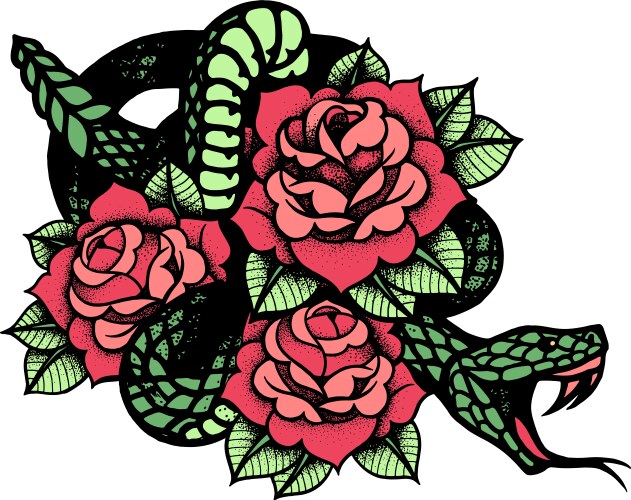 Rose & Snake Tattoo - Traditional Black Ink Vector Image