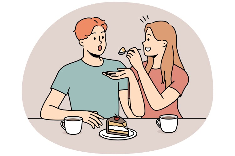 Happy couple eating cake together Royalty Free Vector Image