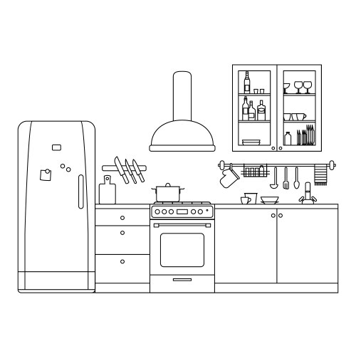 Line drawing a cozy kitchen Royalty Free Vector Image