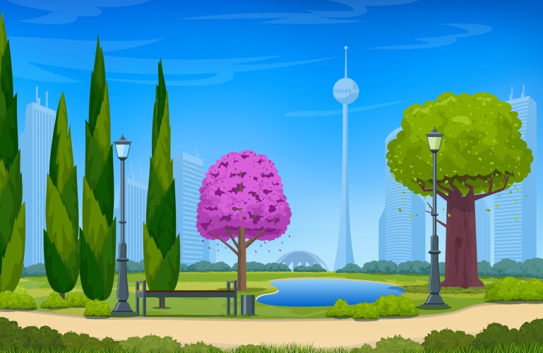 Beautiful city park background with pool and stree