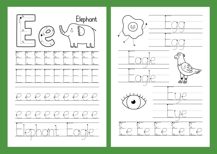 Alphabet tracing lower case e worksheet Royalty Free Vector