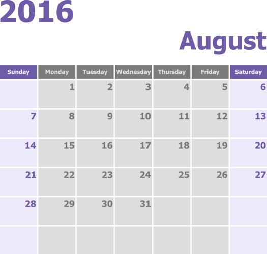 August monthly calendar for 2020 year Royalty Free Vector