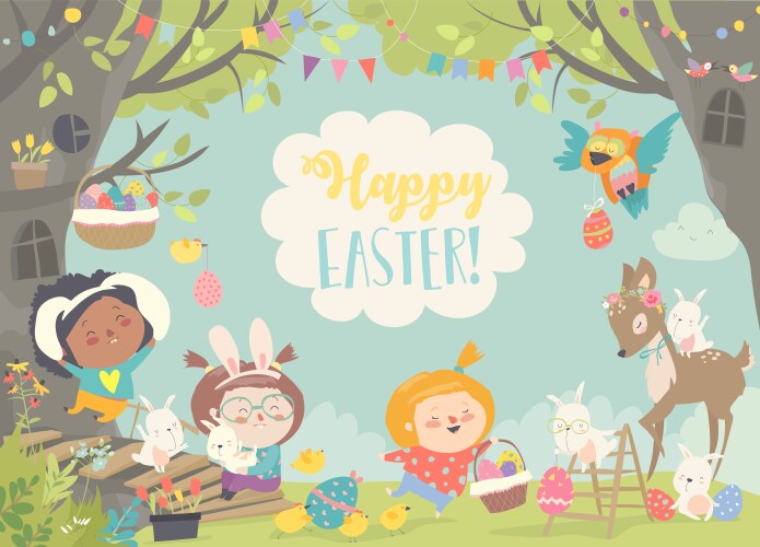 Cute cartoon animals with easter theme happy Vector Image