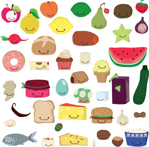Set of cute food icons in kawaii style Royalty Free Vector