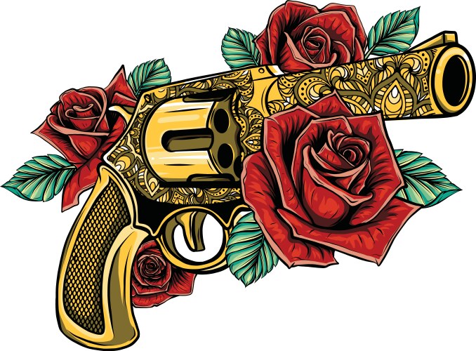 Drawing of a gun with colored roses Royalty Free Vector