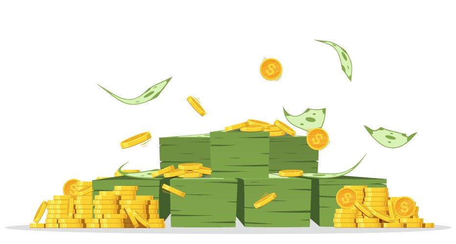 Money pile bundle with flying dollars and rolling Vector Image