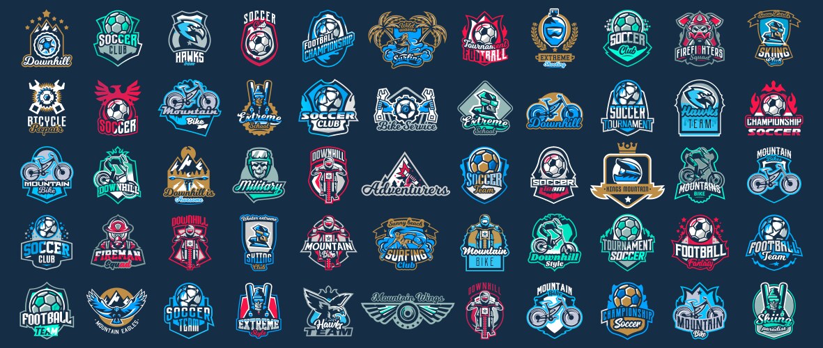 Huge set of sports logos emblems soccer Royalty Free Vector