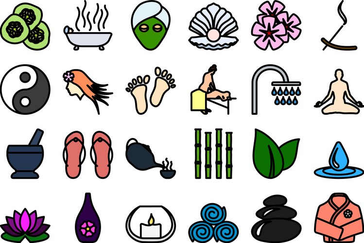 Bamboo tree leaves icons spa massage symbols set Vector Image