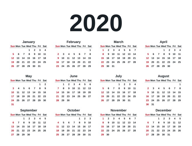 2020 calendar year template planner Royalty Free Vector
