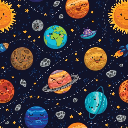 Cute smiling planets in outer space seamless Vector Image