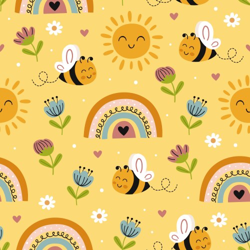 Poster with cute happy bee and rainbow Royalty Free Vector