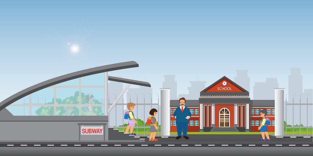 Cityscape with subway train station platform Vector Image