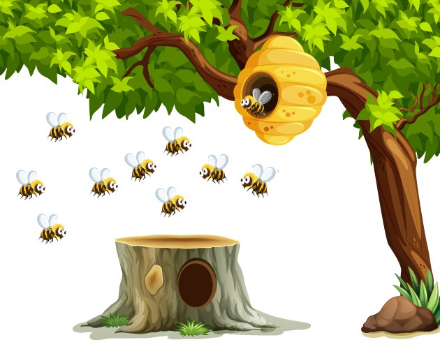 Bees around beehive scene Royalty Free Vector Image