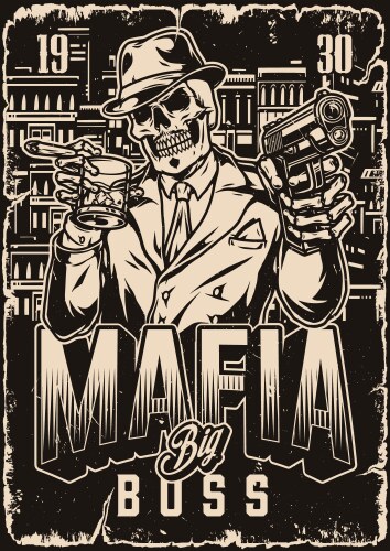Mafia vintage poster with skeleton boss Royalty Free Vector