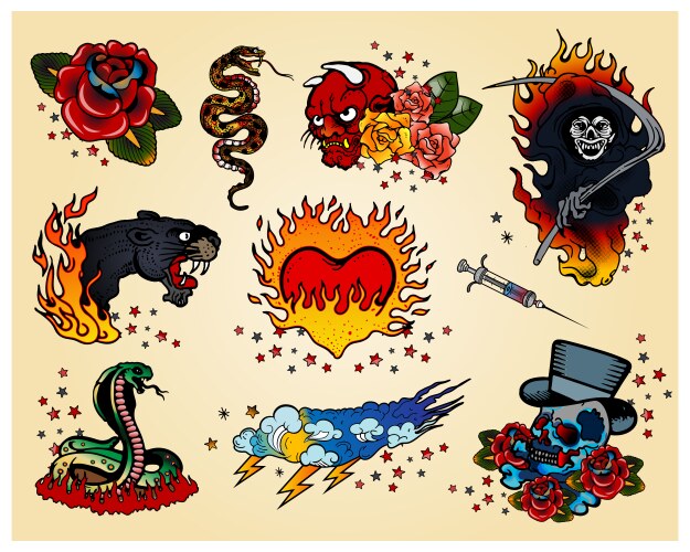 Colorful tattoos in vintage style set Royalty Free Vector