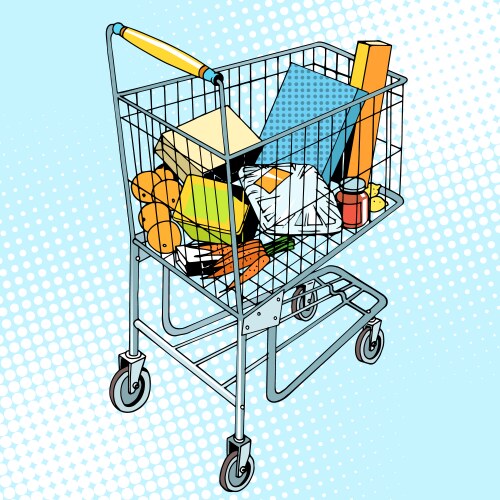 Cartoon trolley with healthy food flat Royalty Free Vector