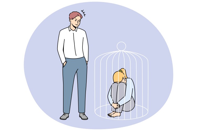 Man lock sad woman in cage Royalty Free Vector Image