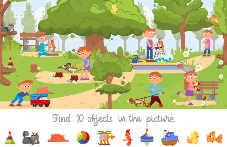 Children in playground find 10 hidden objects Vector Image