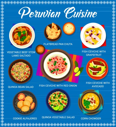 Peruvian cuisine menu fish meat vegetable food Vector Image