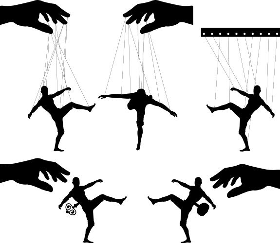 Hand and puppets people hung on strings Royalty Free Vector