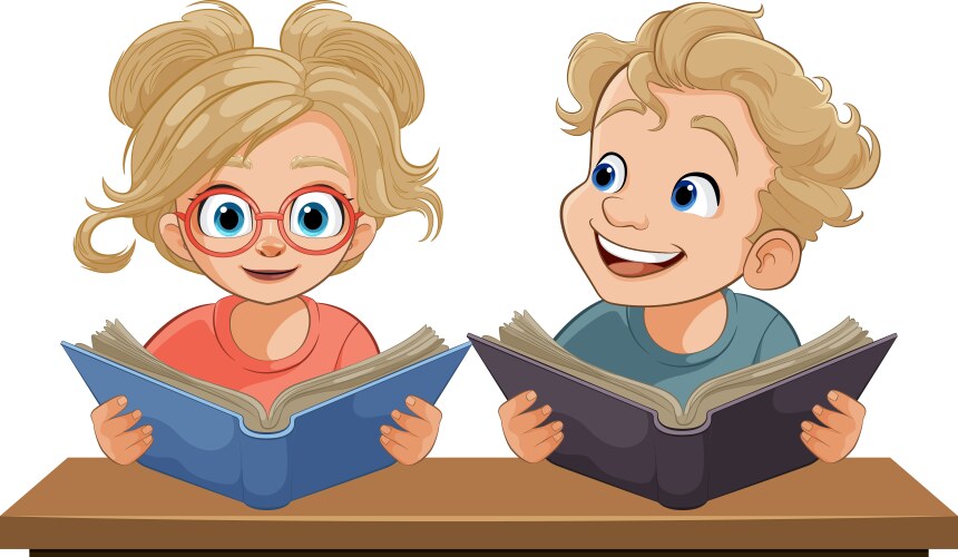 Cartoon girl with glasses reading intently Vector Image