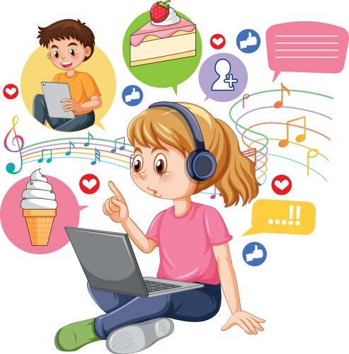 Children using laptop for online learning Vector Image