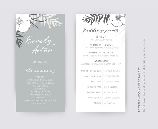 Editable floral wedding and ceremony program Vector Image