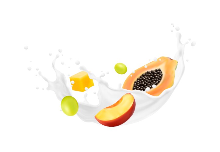 Big collection icons of fruit in a milk splash Vector Image