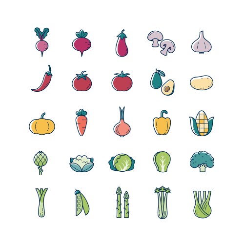 Vegetable veggies colorful flat icons set Vector Image