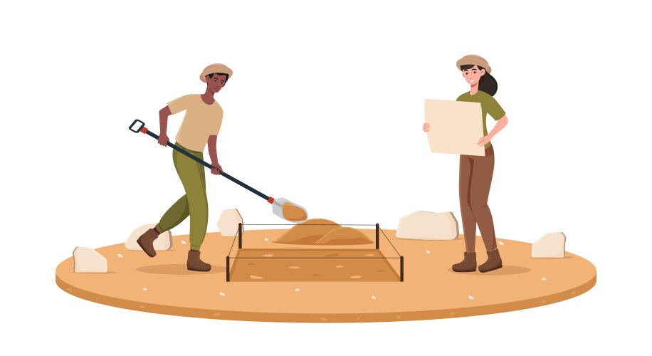 Male and female archaeologist discovering Vector Image